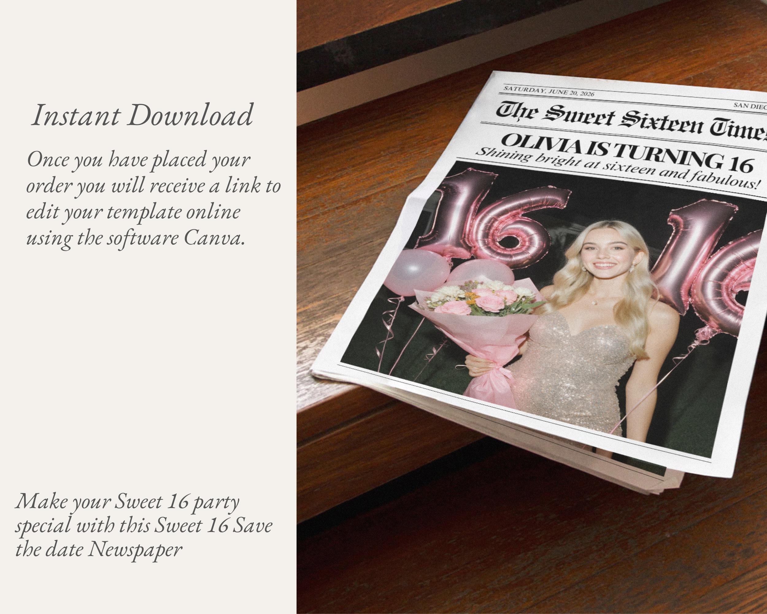 Sweet Sixteen Newspaper Save the Date Template (canva Editable ...