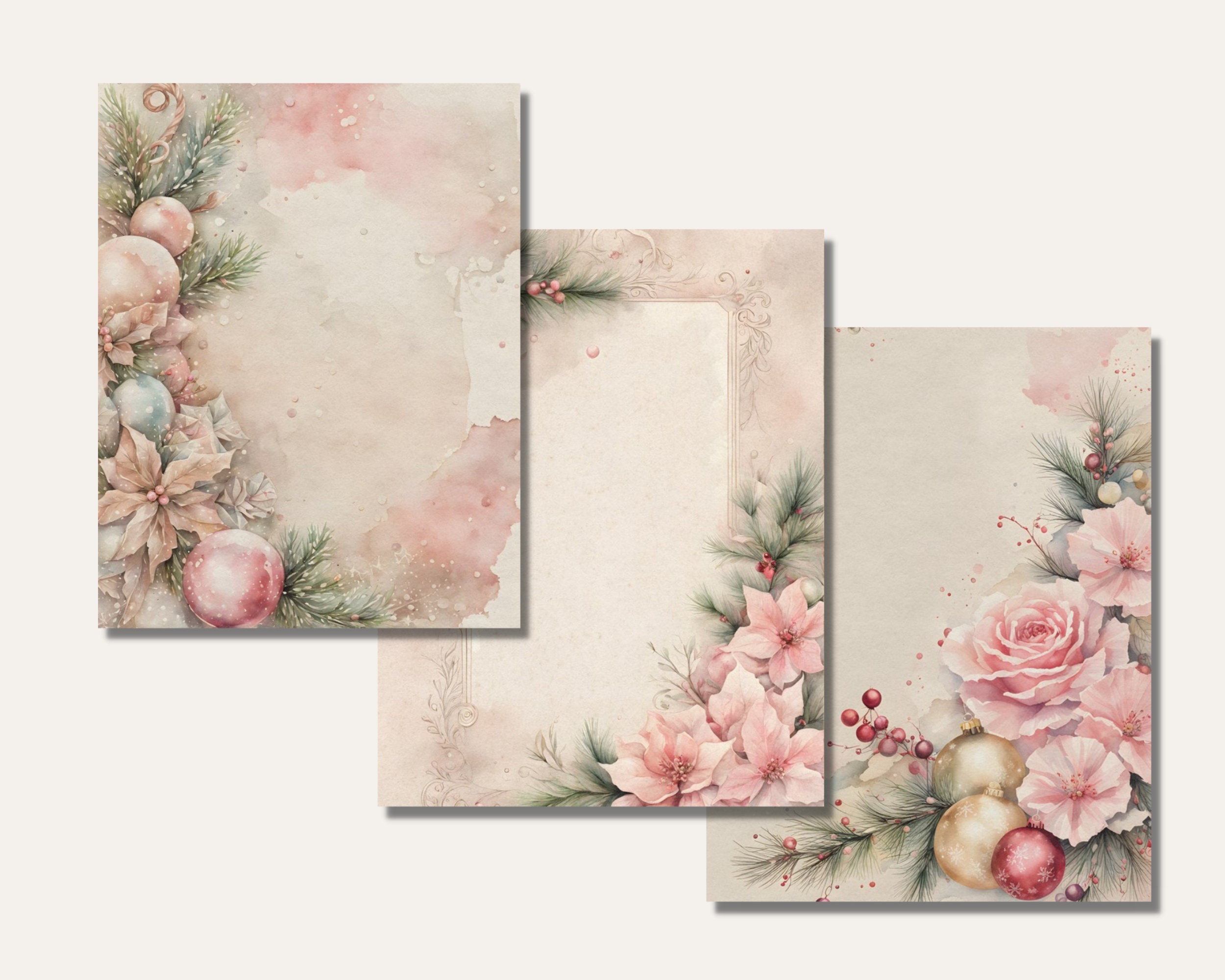 Pink Christmas Digital Paper, Shabby Chic Journal Pages (digital ...