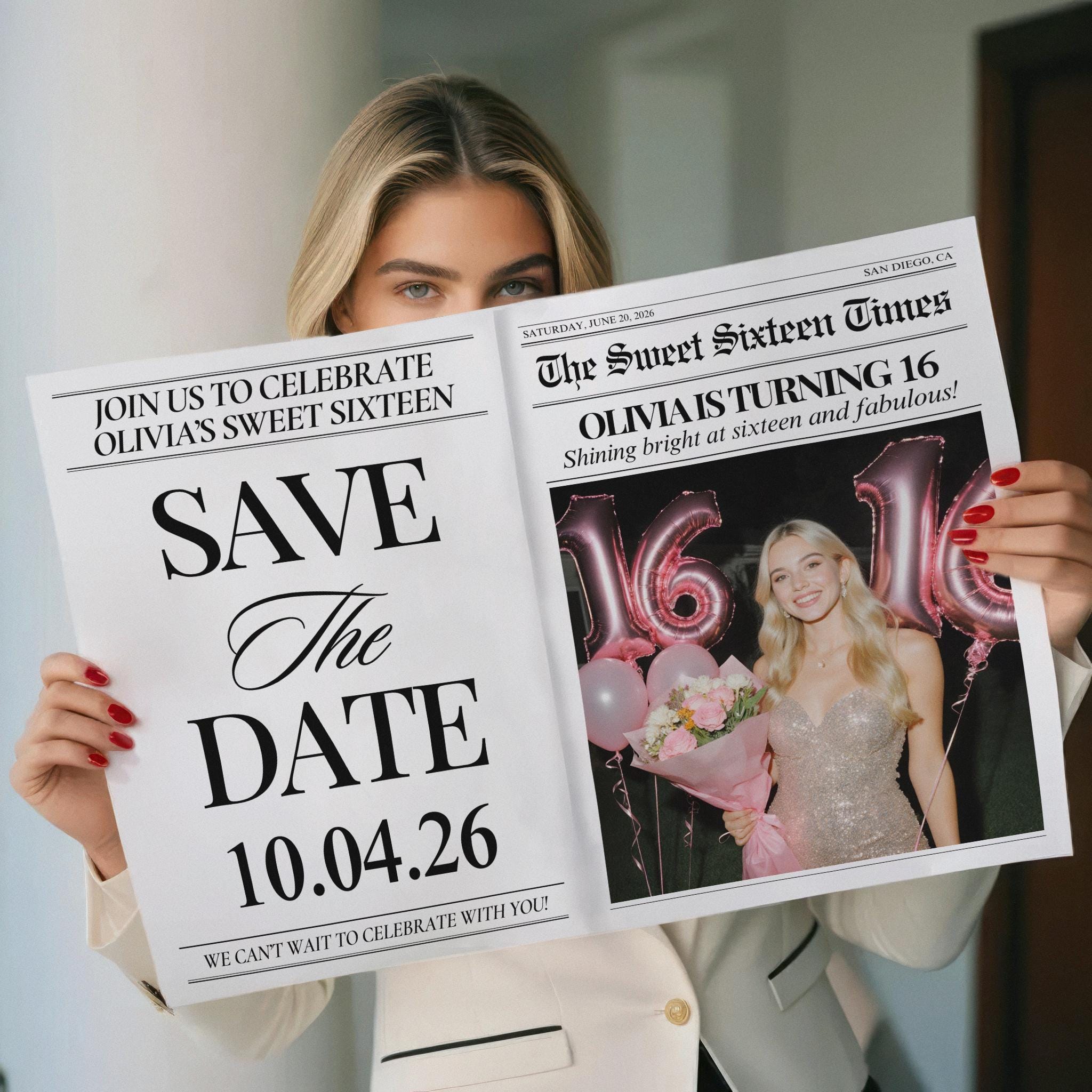 Sweet Sixteen Newspaper Save the Date Template (canva Editable ...