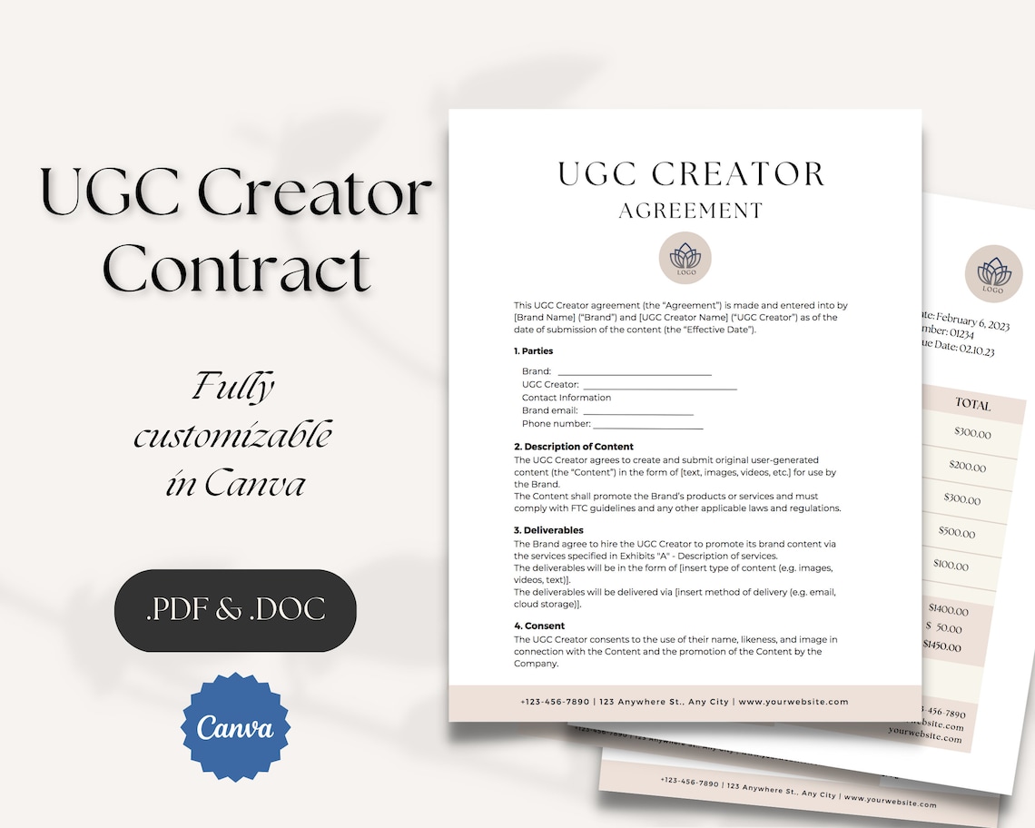 Ugc Creator Contract, UGC Creator Agreement, UGC Contract, UGC Template ...