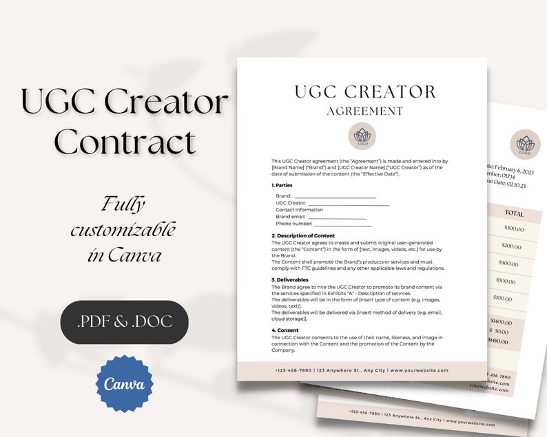 UGC Creator Contract Template, Canva Agreement (digital Download), User ...