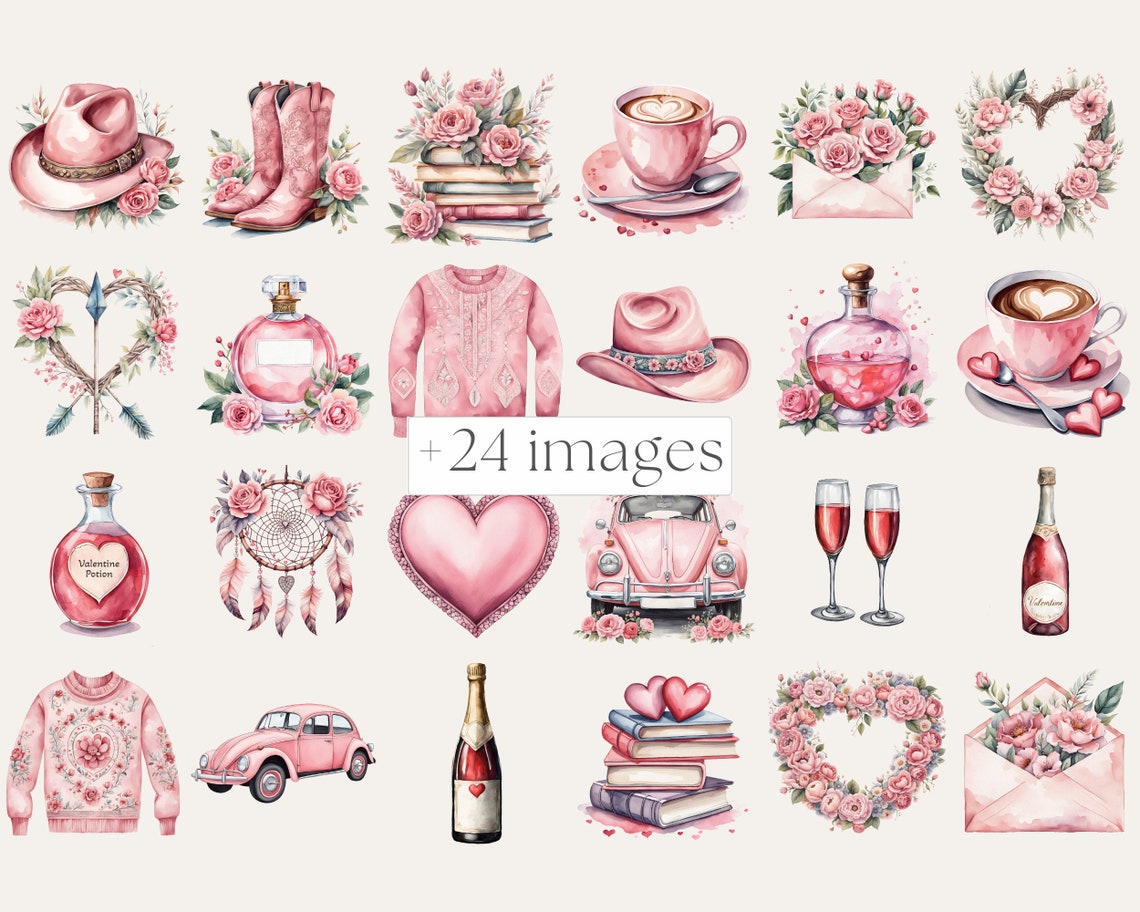 Boho Valentine Clipart Valentines Day Clipart Pink - Etsy