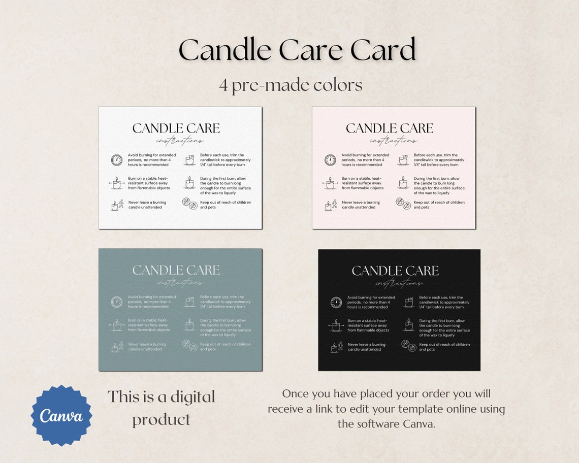 Candle Care Card Template, Editable Care Instructions, Safety Card ...