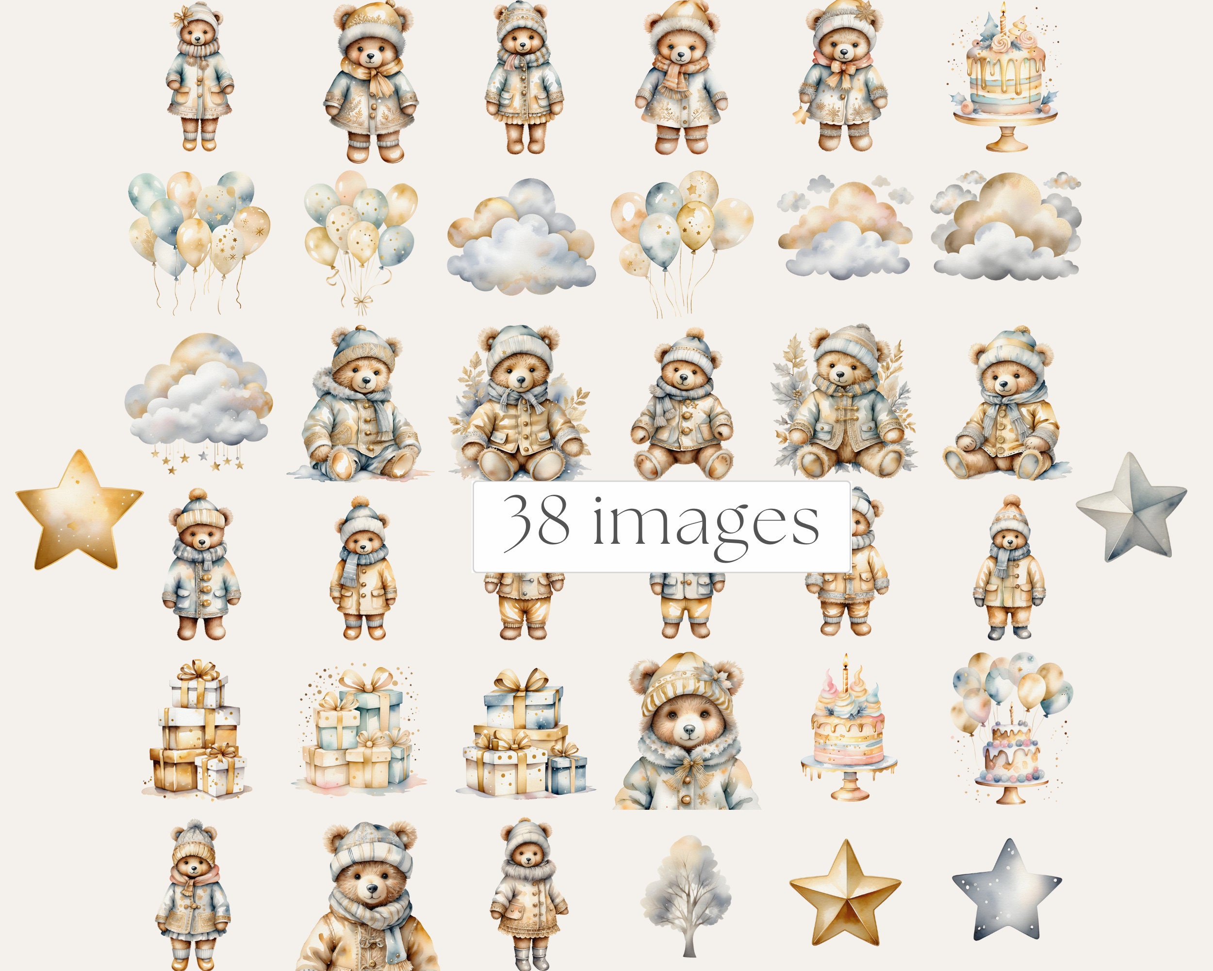 Winter Teddy Bear Watercolor Clipart, Baby Shower (PNG) - Etsy