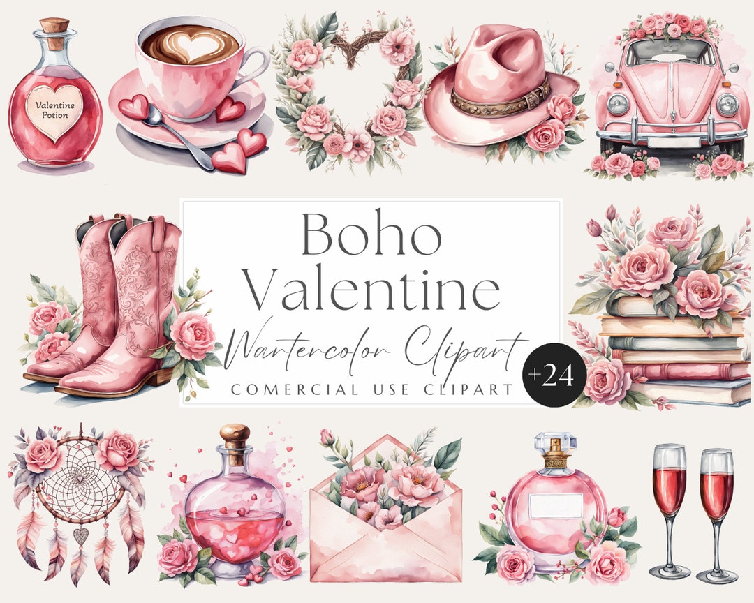 Boho Valentine Clipart, Valentines Day Clipart, Pink Watercolor ...