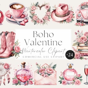 Boho Valentine Clipart, Valentines Day Clipart, Pink Watercolor ...