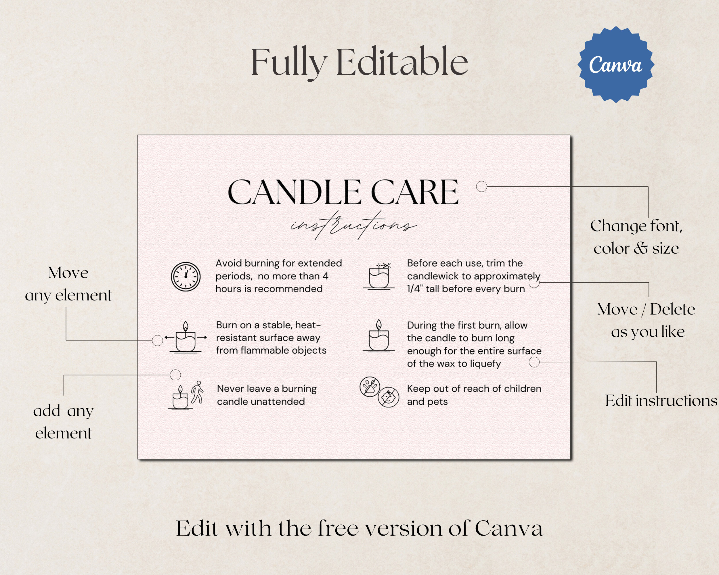 Candle Care Card Template, Editable Care Instructions, Safety Card ...