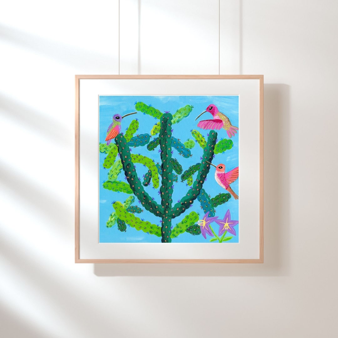 Cholla Cactus and Hummingbirds Print, Cactus and Birds Painting, Tree ...