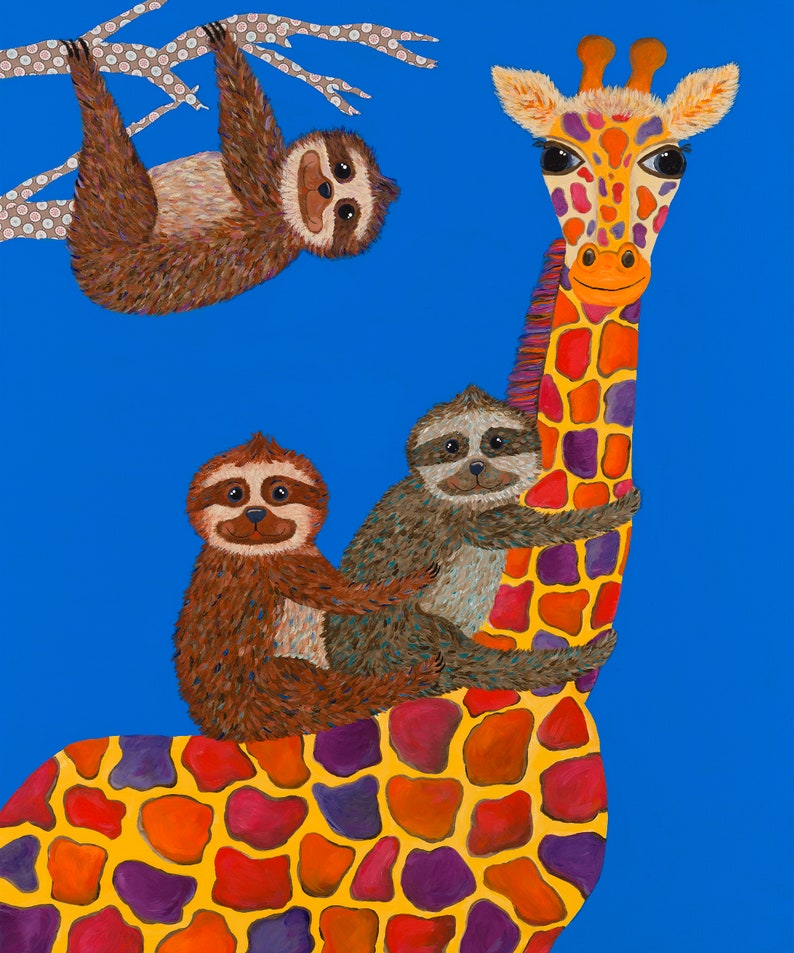 Free Ride Original Art, Three Sloths and a Giraffe Mixed Media Artwork ...