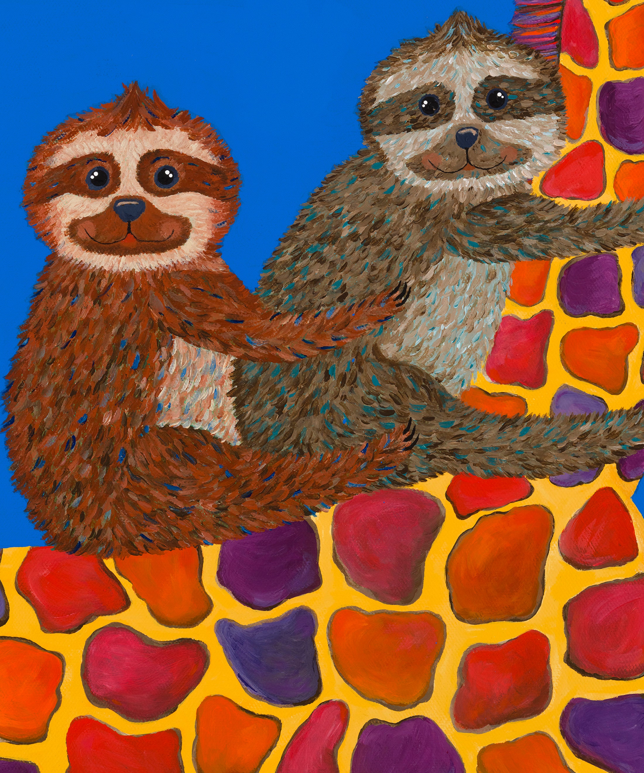 Free Ride Original Art, Three Sloths and a Giraffe Mixed Media Artwork ...