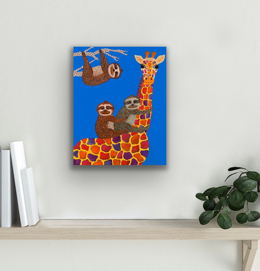 Free Ride Art Print, Sloths and Giraffe Wall Decor, Giclée Print Paper ...