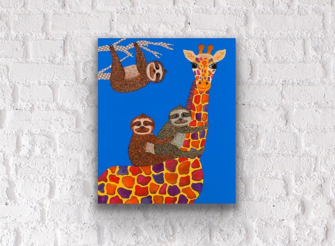 Free Ride Original Art, Three Sloths and a Giraffe Mixed Media Artwork ...
