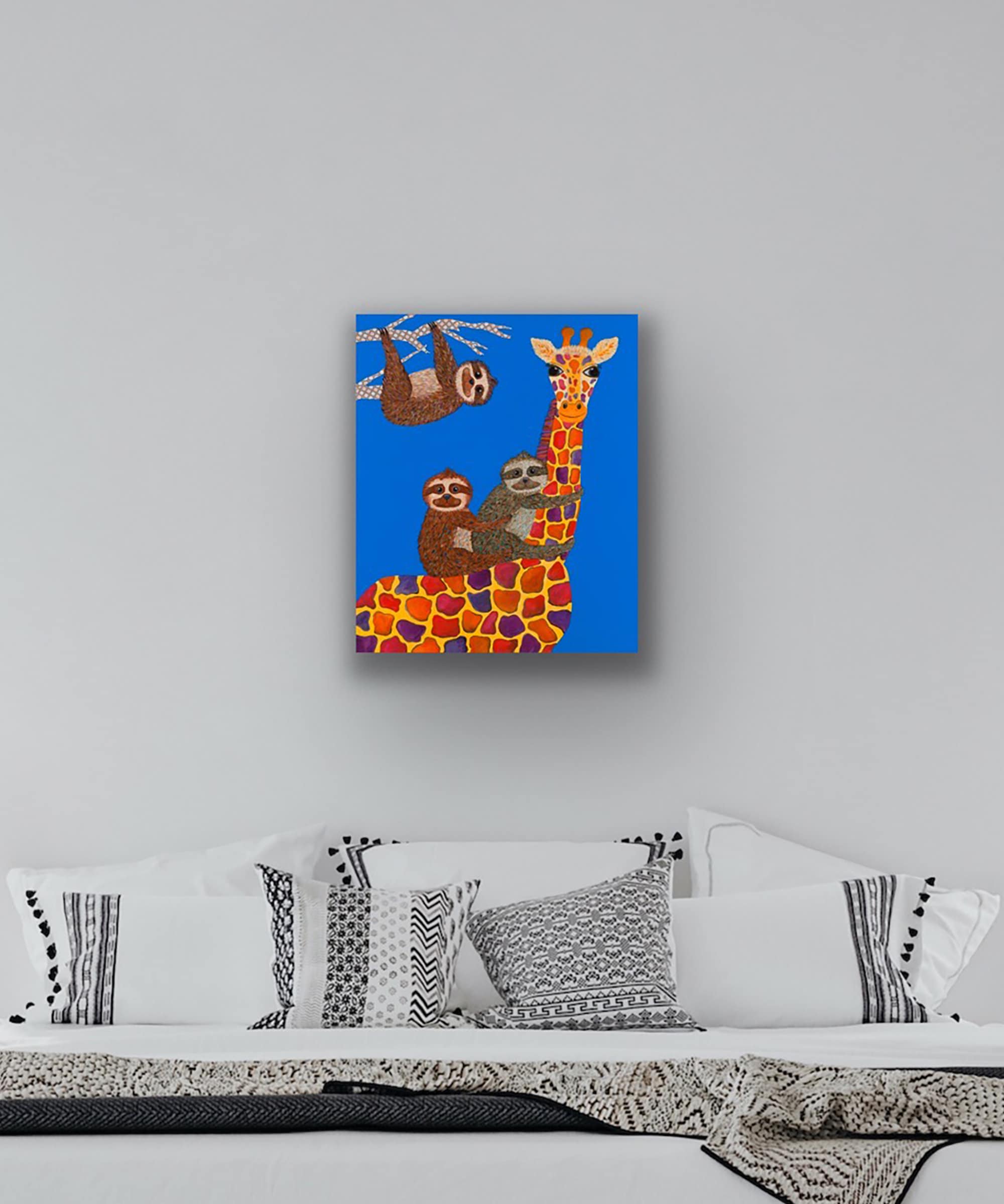 Free Ride Original Art, Three Sloths and a Giraffe Mixed Media Artwork ...