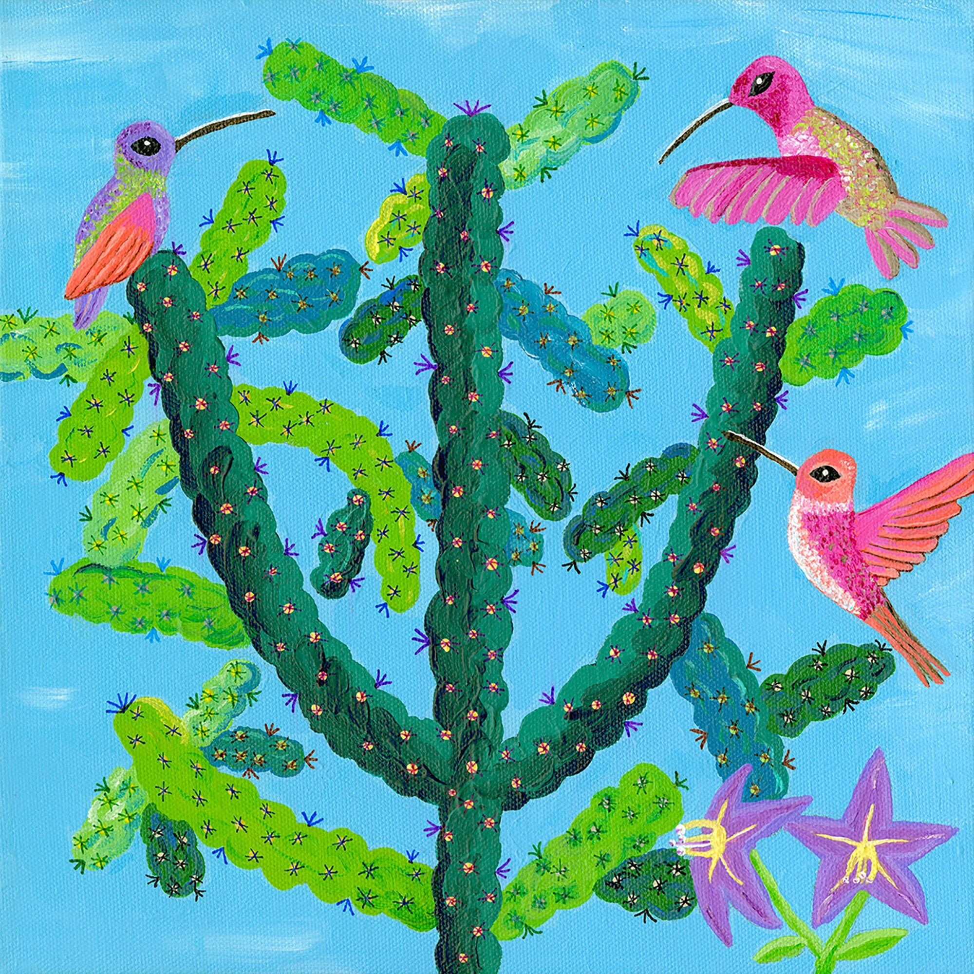 Cholla Cactus and Hummingbirds Print, Cactus and Birds Painting, Tree ...