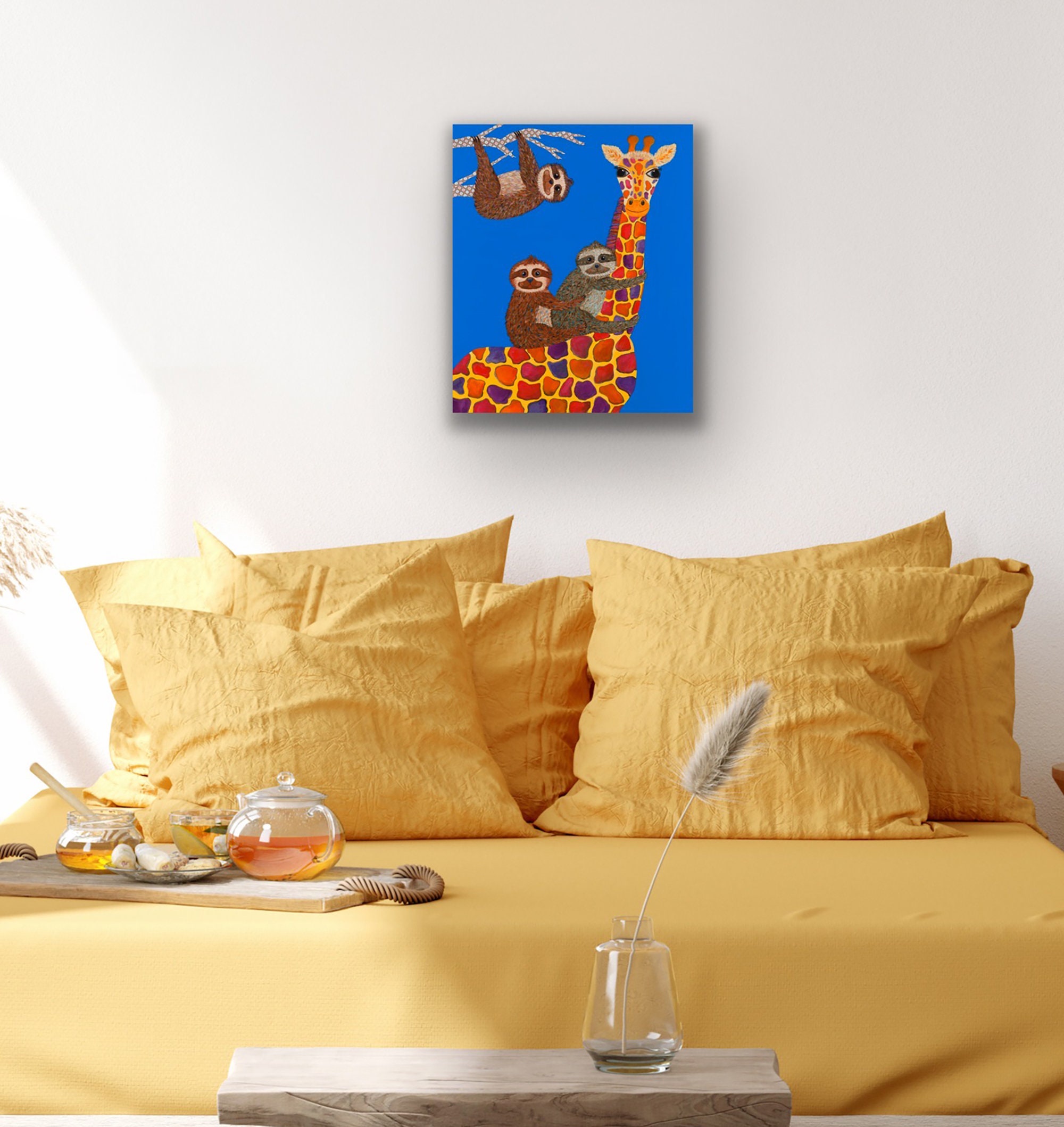 Free Ride Original Art, Three Sloths and a Giraffe Mixed Media Artwork ...