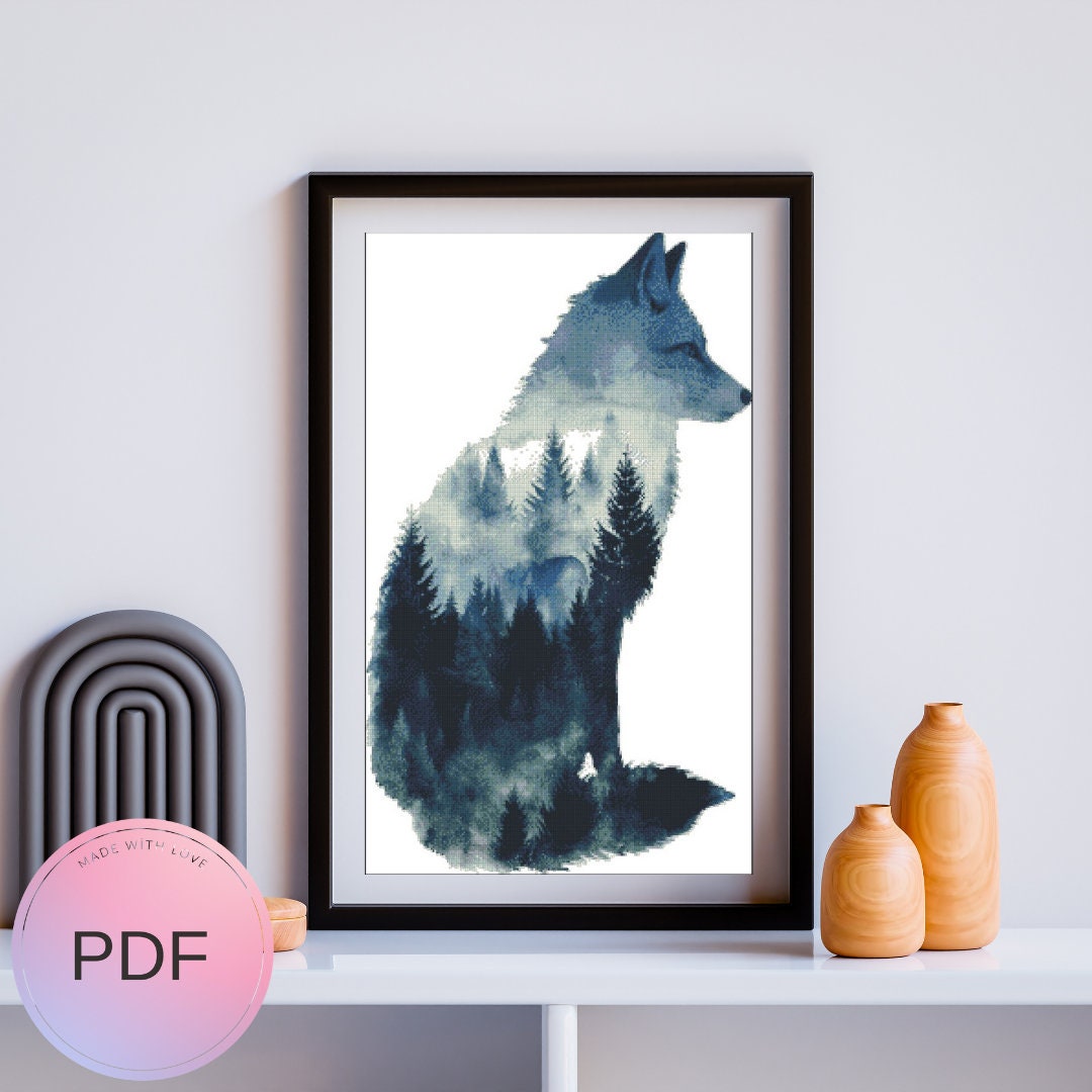 Wolf With Trees Cross Stitch Pattern , Watercolor X Stitch Chart ...