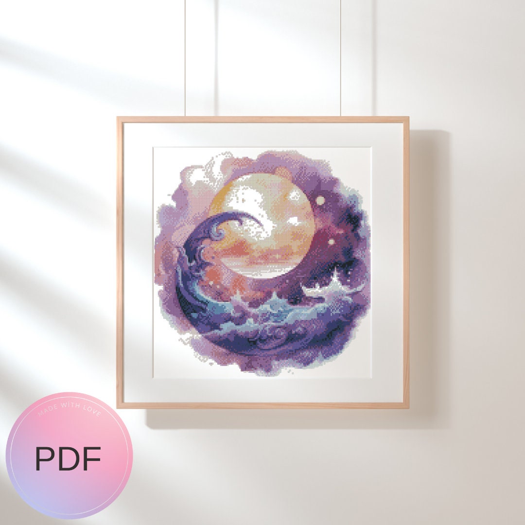 Moon and Wave Cross Stitch Pattern , Watercolor X Stitch Chart ...