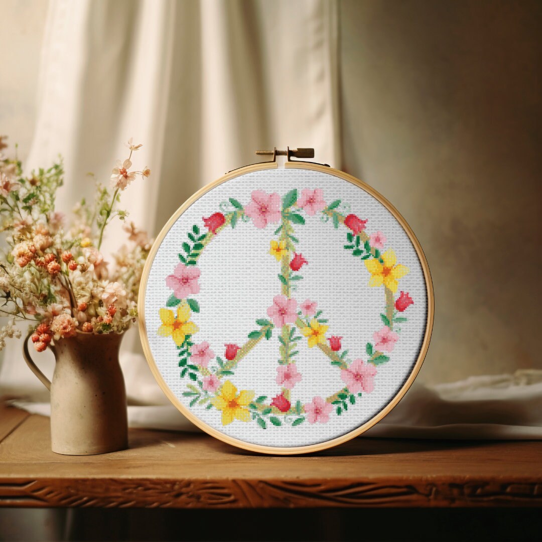 Floral Peace Symbol Cross Stitch Pattern , Watercolor, Instant Download ...