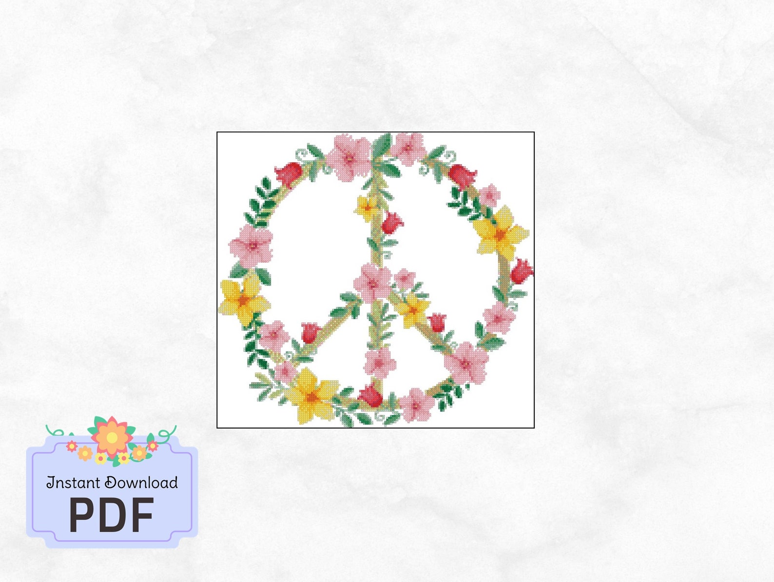 Floral Peace Symbol Cross Stitch Pattern , Watercolor, Instant Download ...