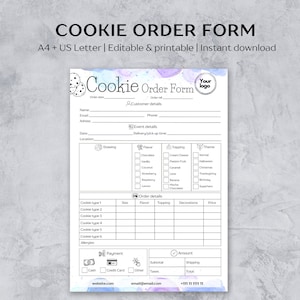 Printable Cookie Order Form Template, Editable Bakery Order Form - A4 ...
