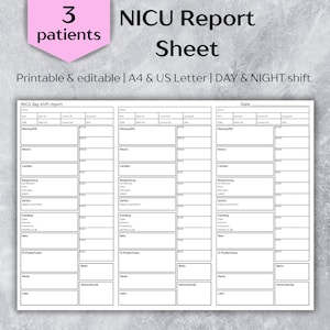 NICU Nurse Report Sheet 3 Patient, NICU Nurse Brain Day/night Shift ...