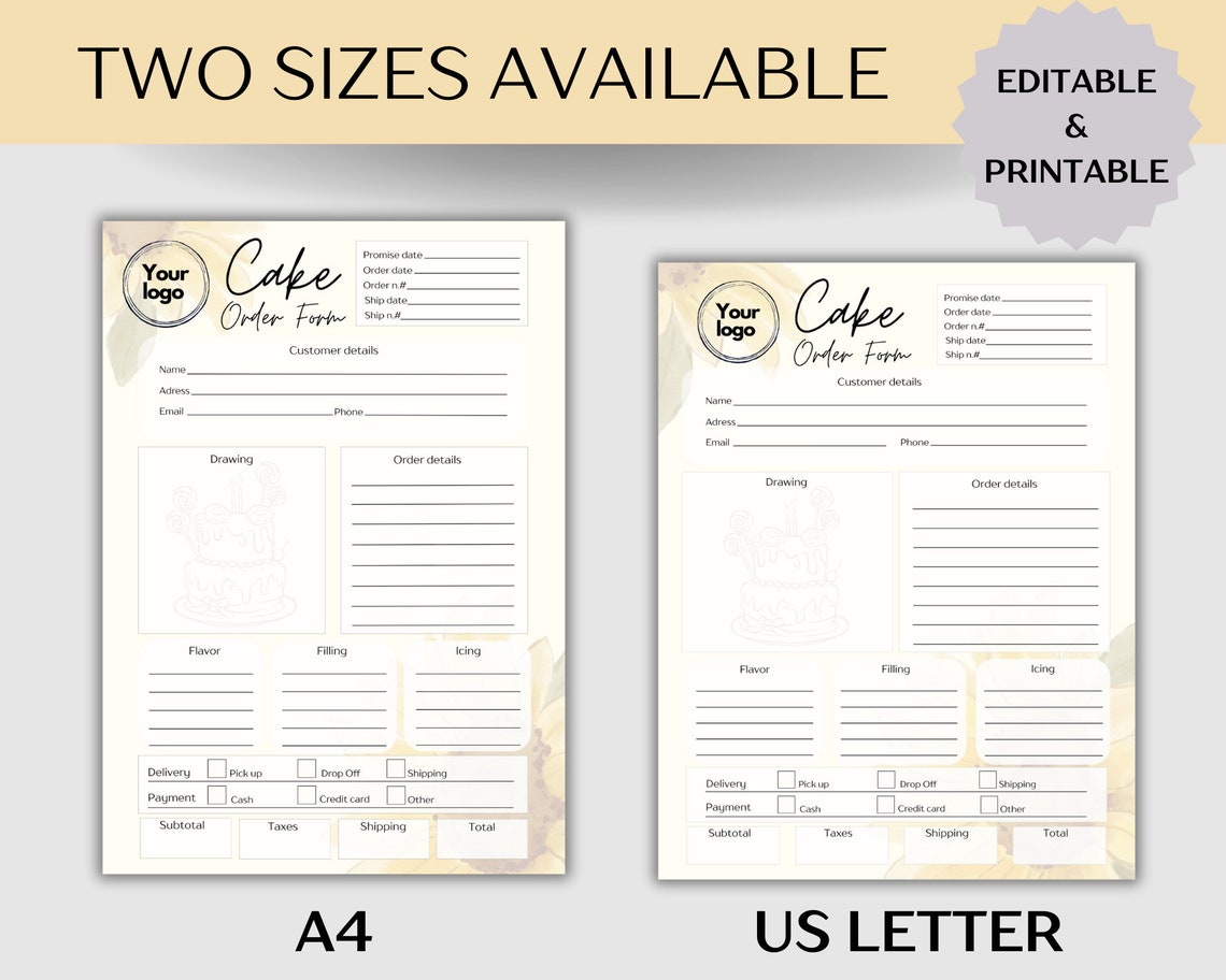 Wedding Cake Order Form and Invoice Template, Bakery Cake Order Form ...