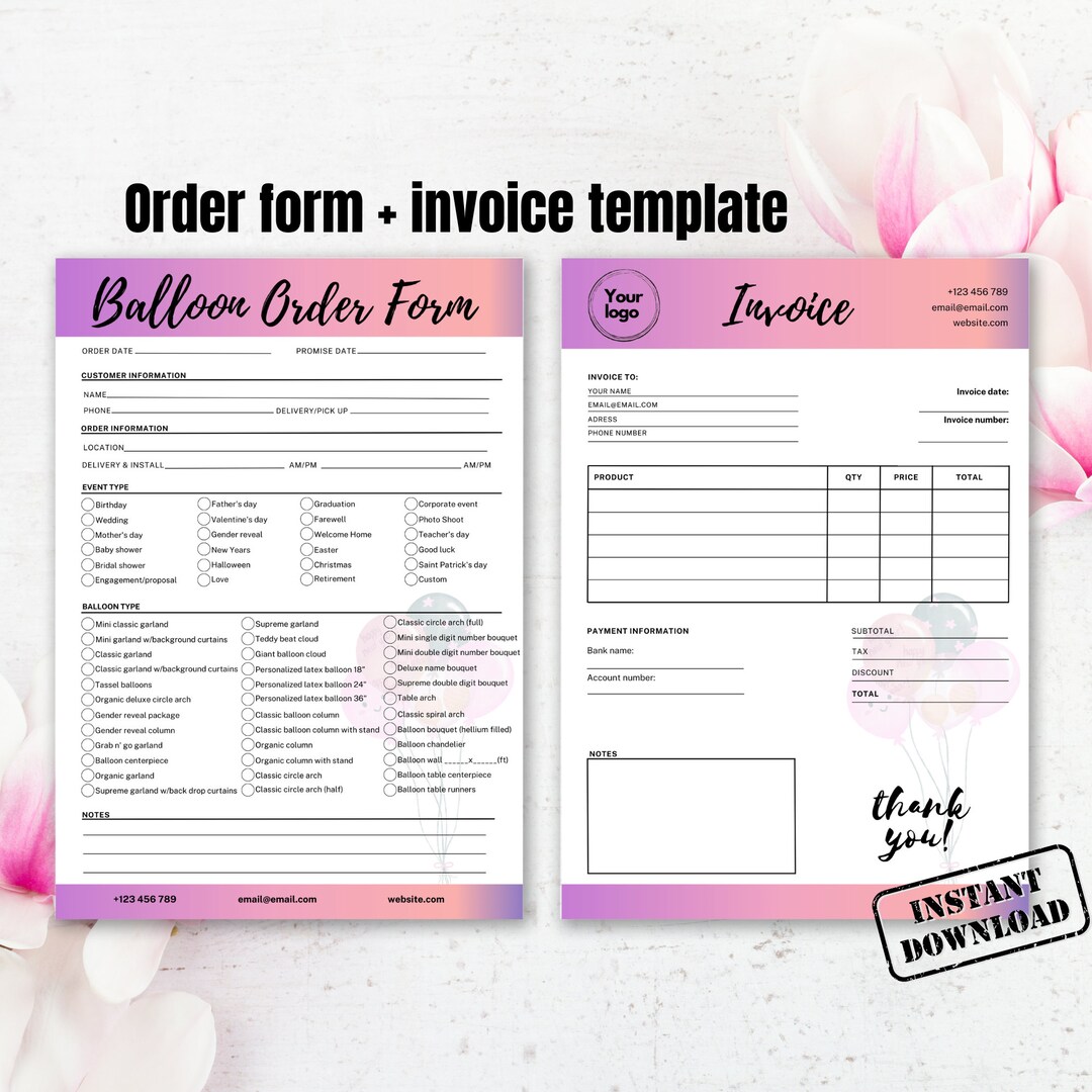 Balloon Order Form & Invoice Template - A4, US Letter - Etsy