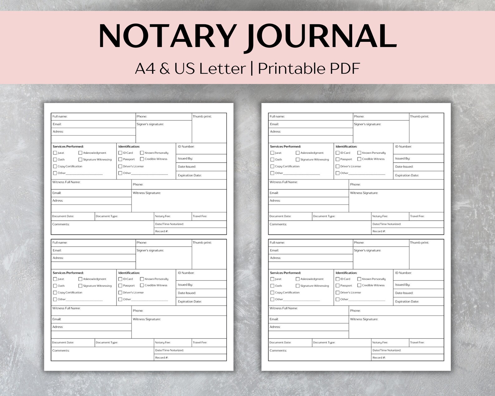 Printable Notary Journal, Notary Public Log Book, Blank Notary Form ...