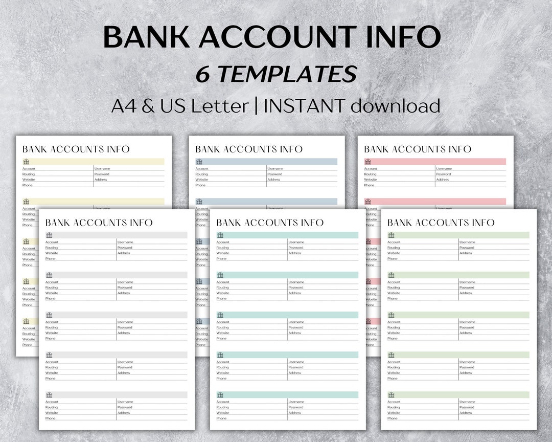 Bank Account Info Tracker Printable - A4&US Letter - Etsy