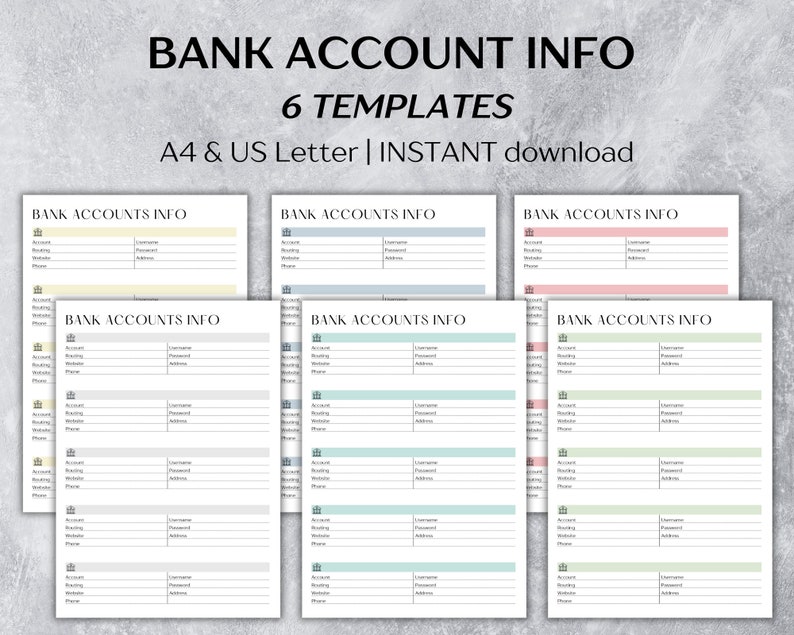 Bank Account Info Tracker Printable - A4&US Letter - Etsy