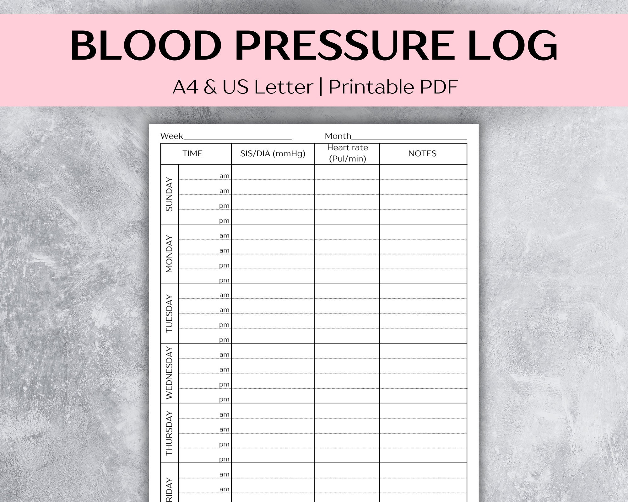 Blood Pressure Form, Blood Pressure Chart, Blood Pressure Log, Blood ...