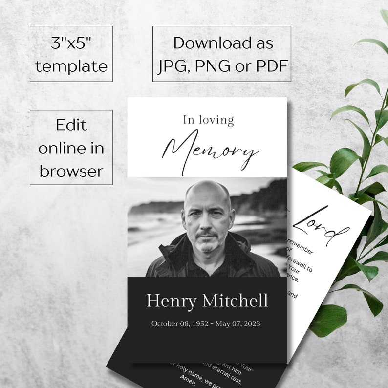 Funeral Prayer Card Template for Man, Funeral Memory Cards, Memorial ...