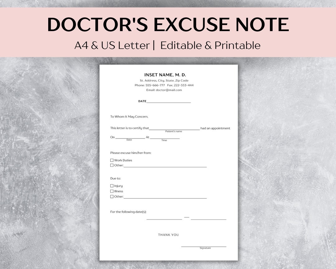 Fake Doctors Note Template, Editable Doctors Excuse Note, Excuse ...