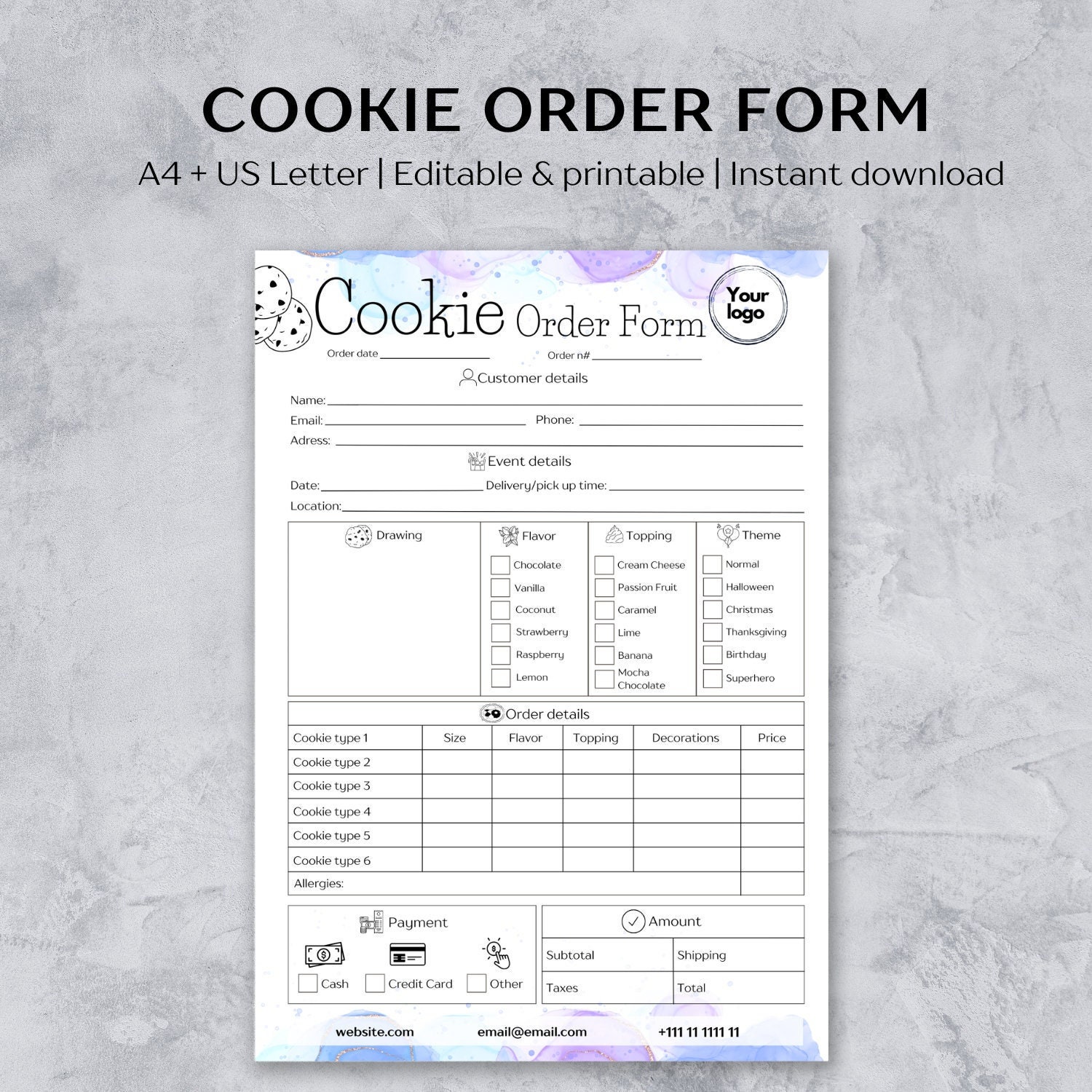 Printable Cookie Order Form Template, Editable Bakery Order Form - A4 ...