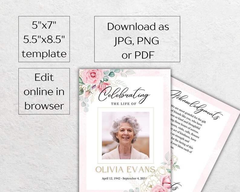 Celebration of Life Invitation, Funeral Program Template Pink Peony, 4 ...