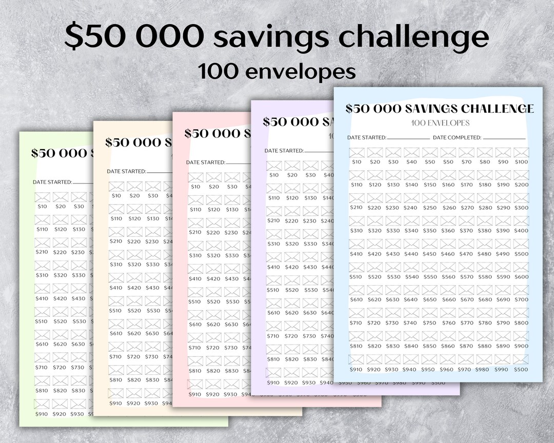 50 000 Savings Challenge 100 Envelopes, Printable 50k Savings Challenge for 100 Days A4, US ...