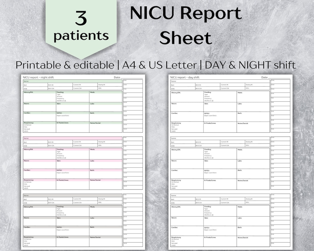 3 Patient NICU Nurse Report Sheet, NICU Nurse Brain - Day/night Shift ...