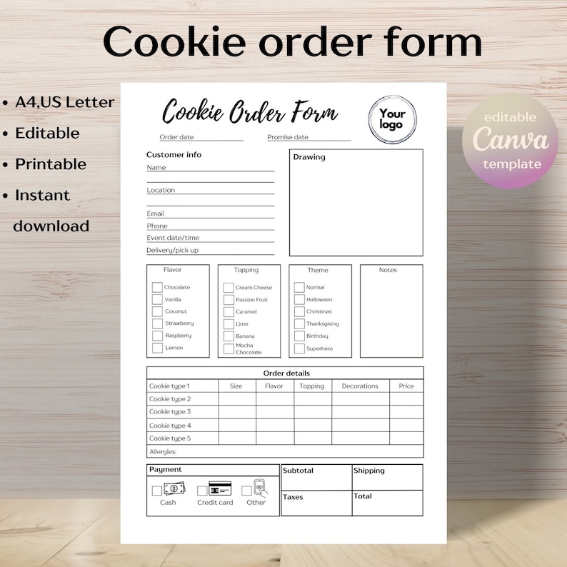 Editable Cookie Order Form Template, Printable Bakery Order Form - A4 ...