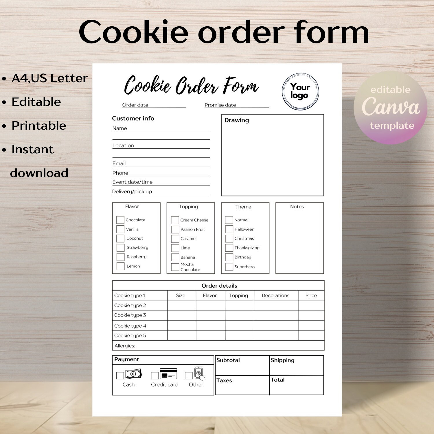 Editable Cookie Order Form Template, Printable Bakery Order Form - A4 ...