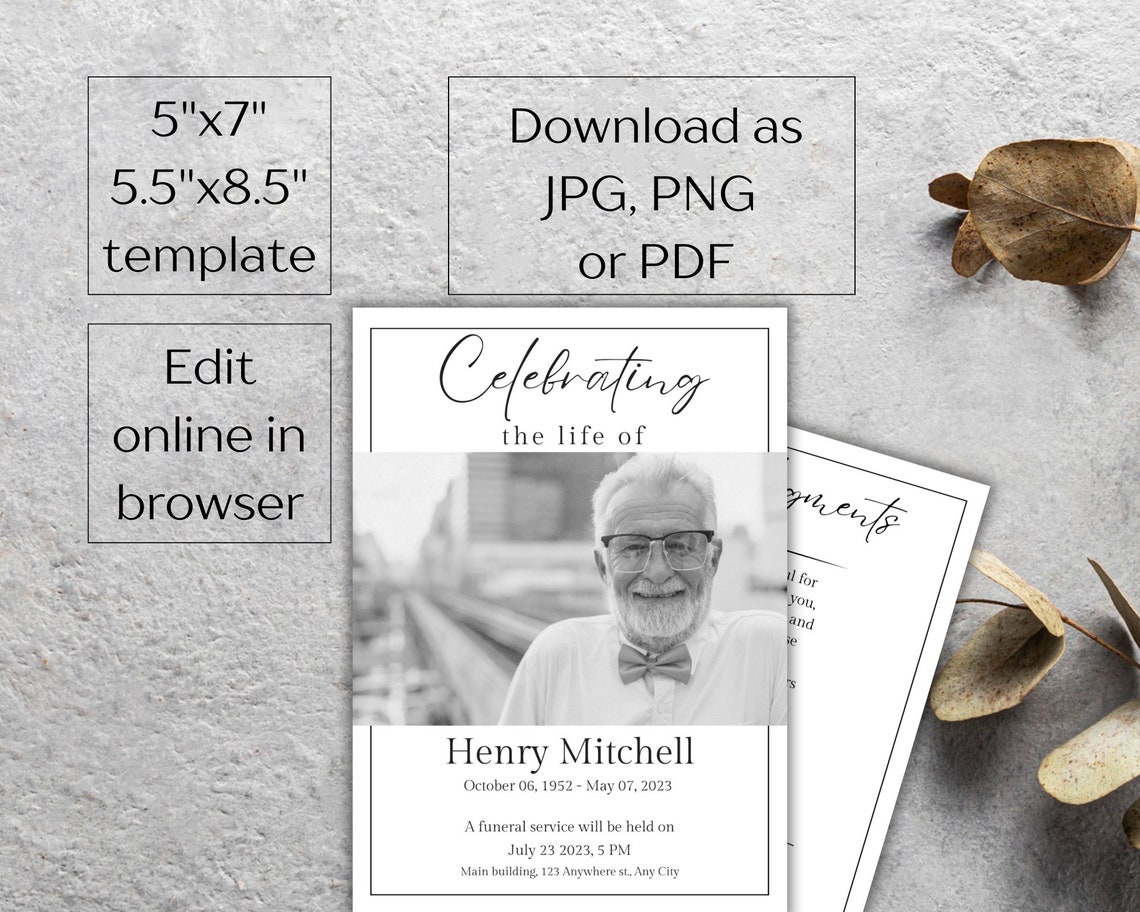 Funeral Program Template for Man Obituary Template Memorial - Etsy