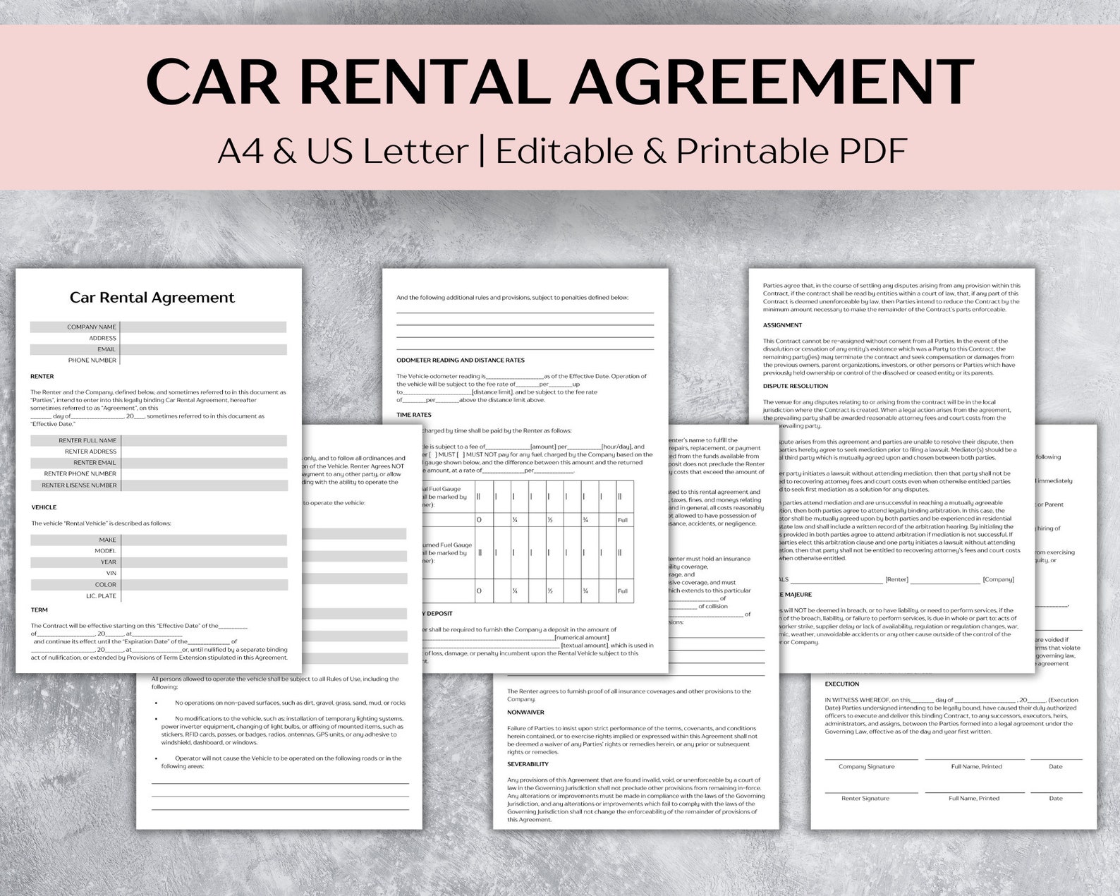 Printable Car Rental Agreement Template, Car Rental Contract, Editable ...