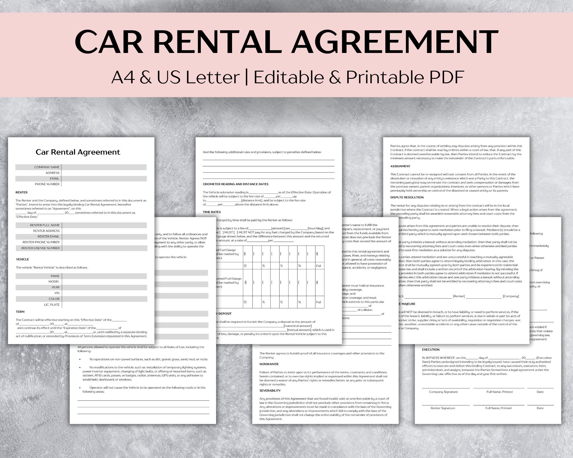 Printable Car Rental Agreement Template, Car Rental Contract, Editable ...