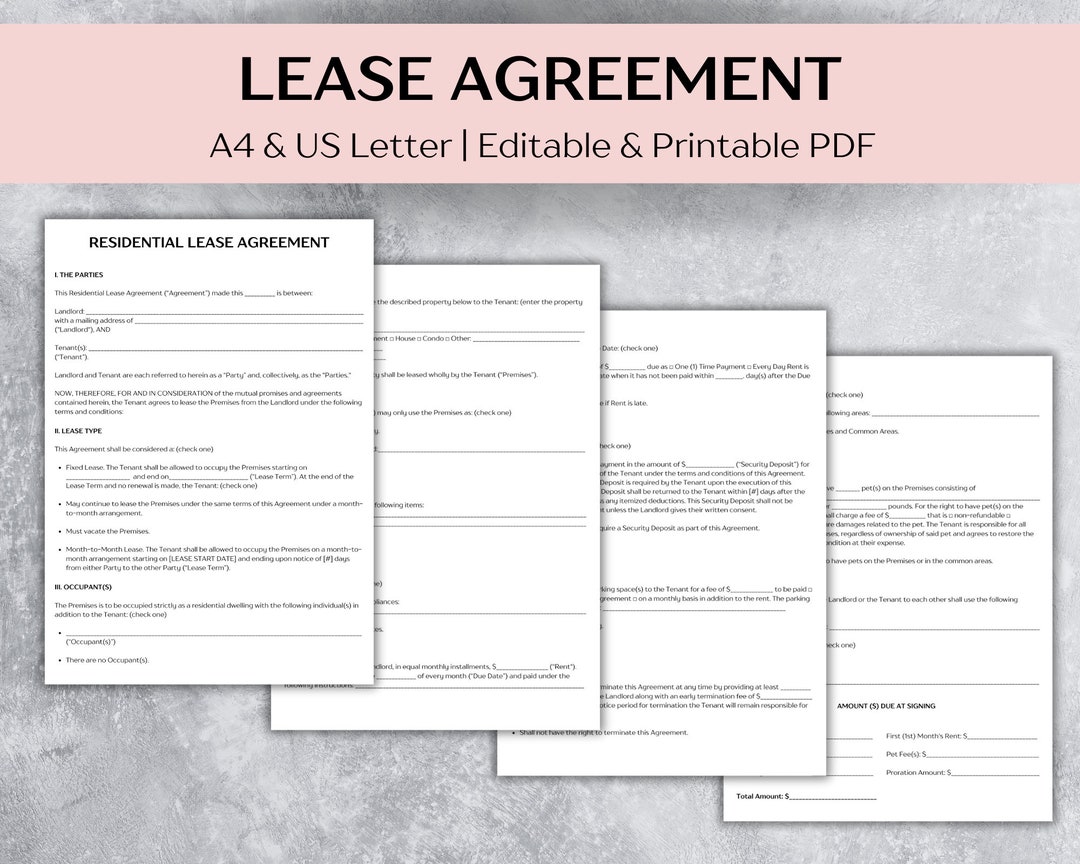 Editable Rental Agreement Template, Printable Lease Agreement PDF ...