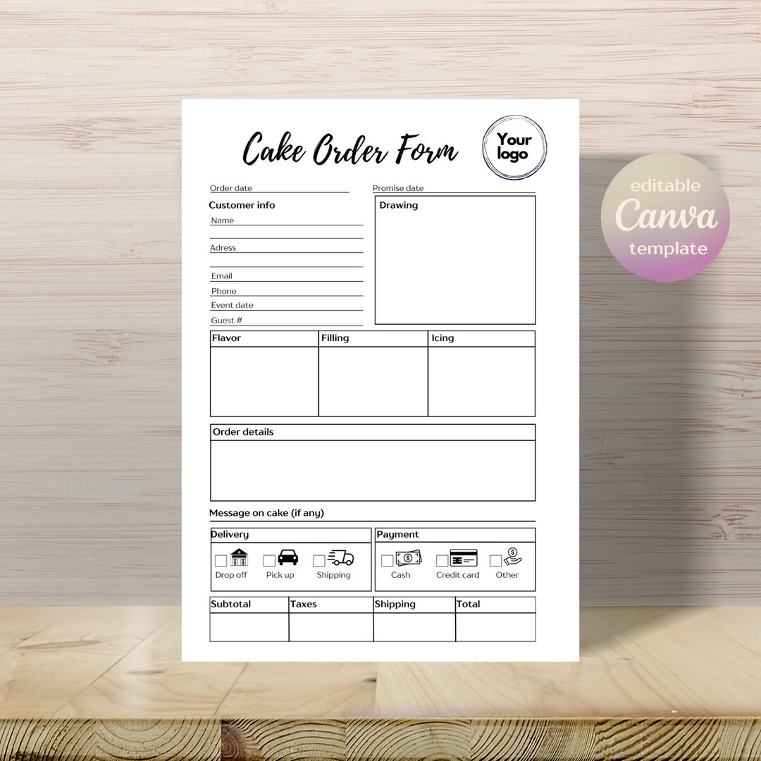 Custom Cake Order Form Template, Bakery Order Form, Order Fill Out Form ...
