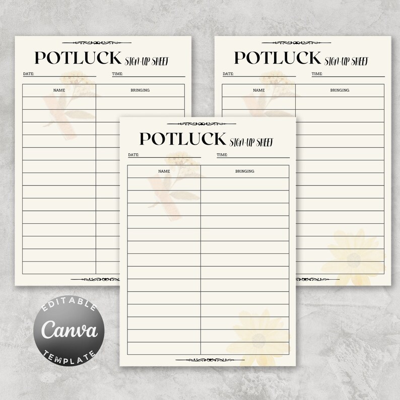 Editable Potluck Sign up Sheet A4, US Letter, Fillable and Printable - Etsy