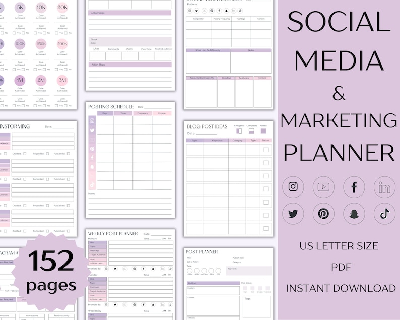 Social Media Content Planner, Digital Blog Planner, Printable Marketing ...