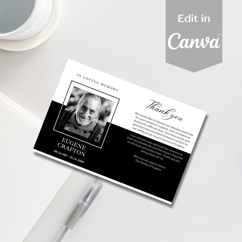 Funeral Thank You Card Template for Man - Editable and Printable ...