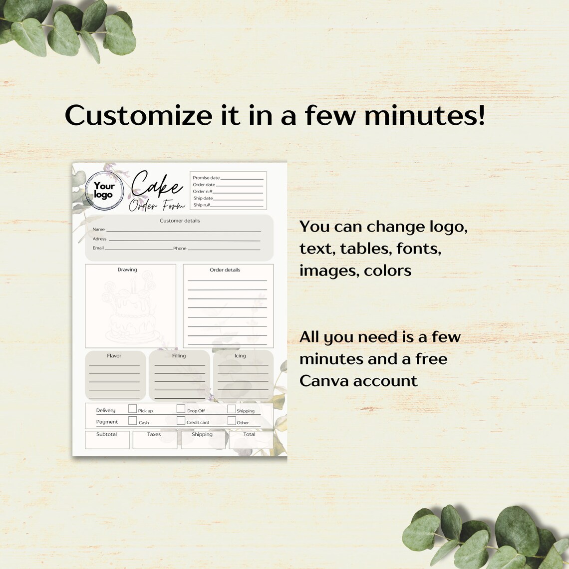 Cake Order Form Template, Wedding Cake Order Form, Custom Cake Order ...