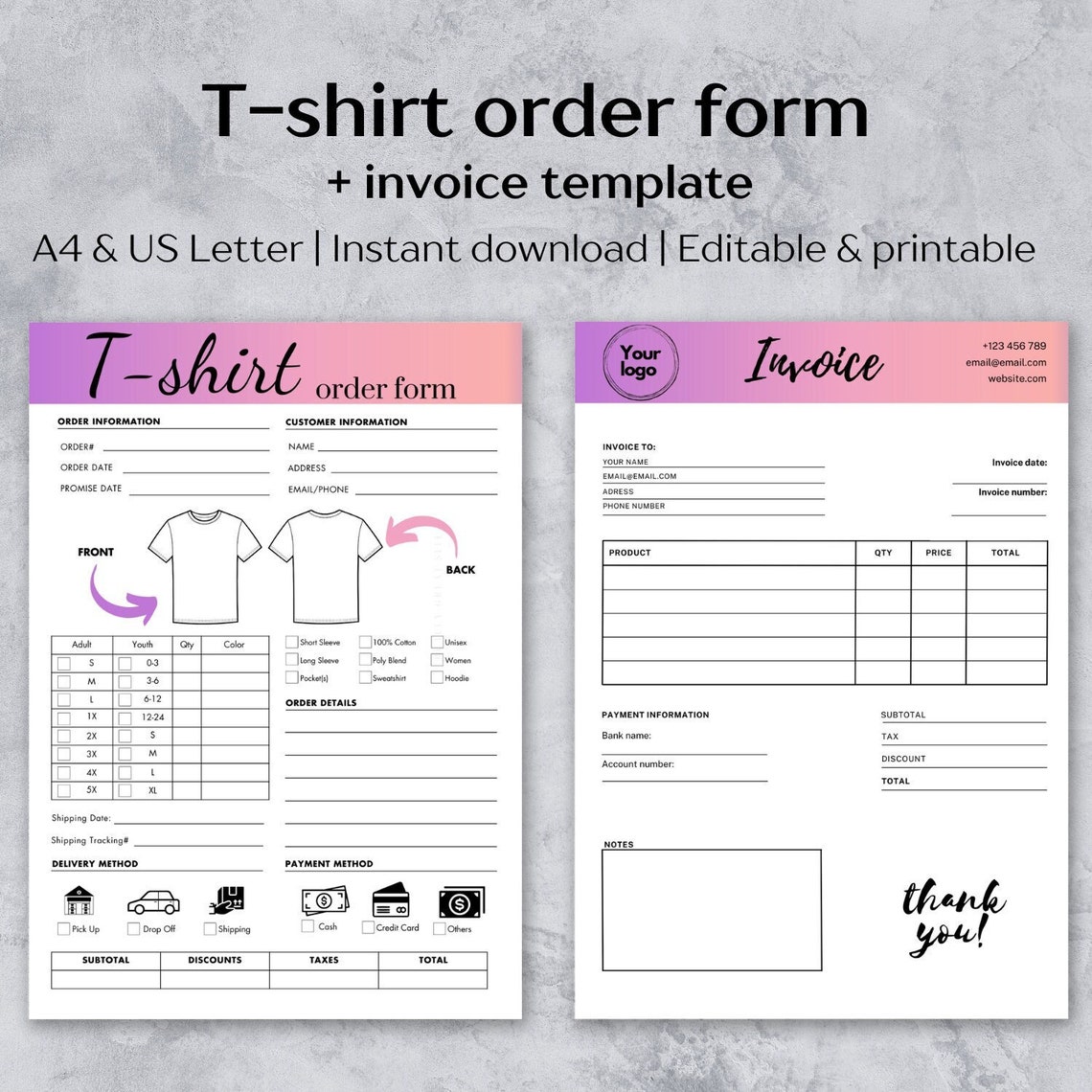 Editable T-shirt Order Form and Invoice Template for Small Business A4 ...