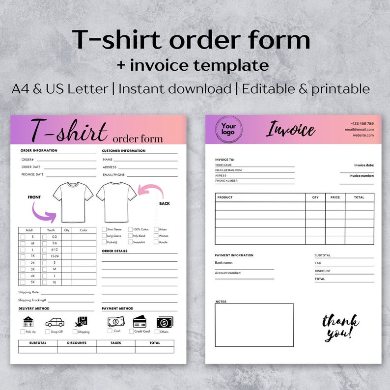 Editable T-shirt Order Form and Invoice Template for Small Business ...